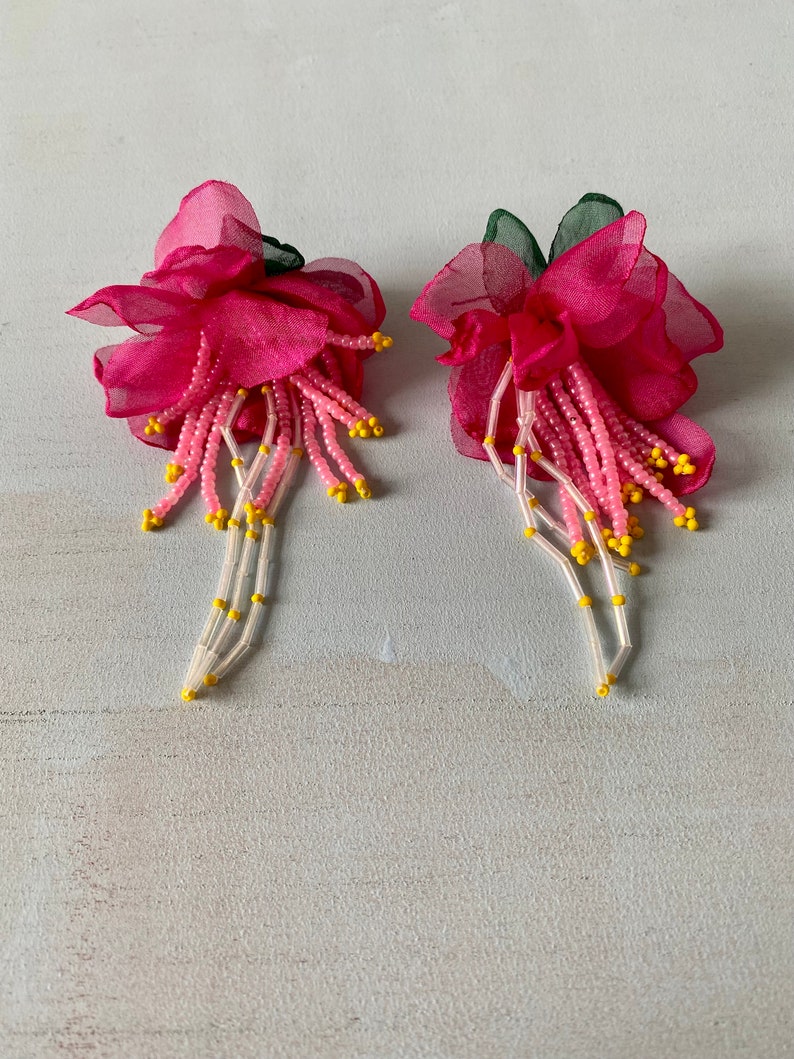 Silk Beaded Flower Statement Earrings - Etsy