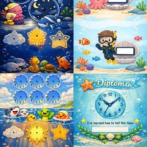 Ocean Theme Telling Time Worksheets | Kids Clock Printable Diploma ...