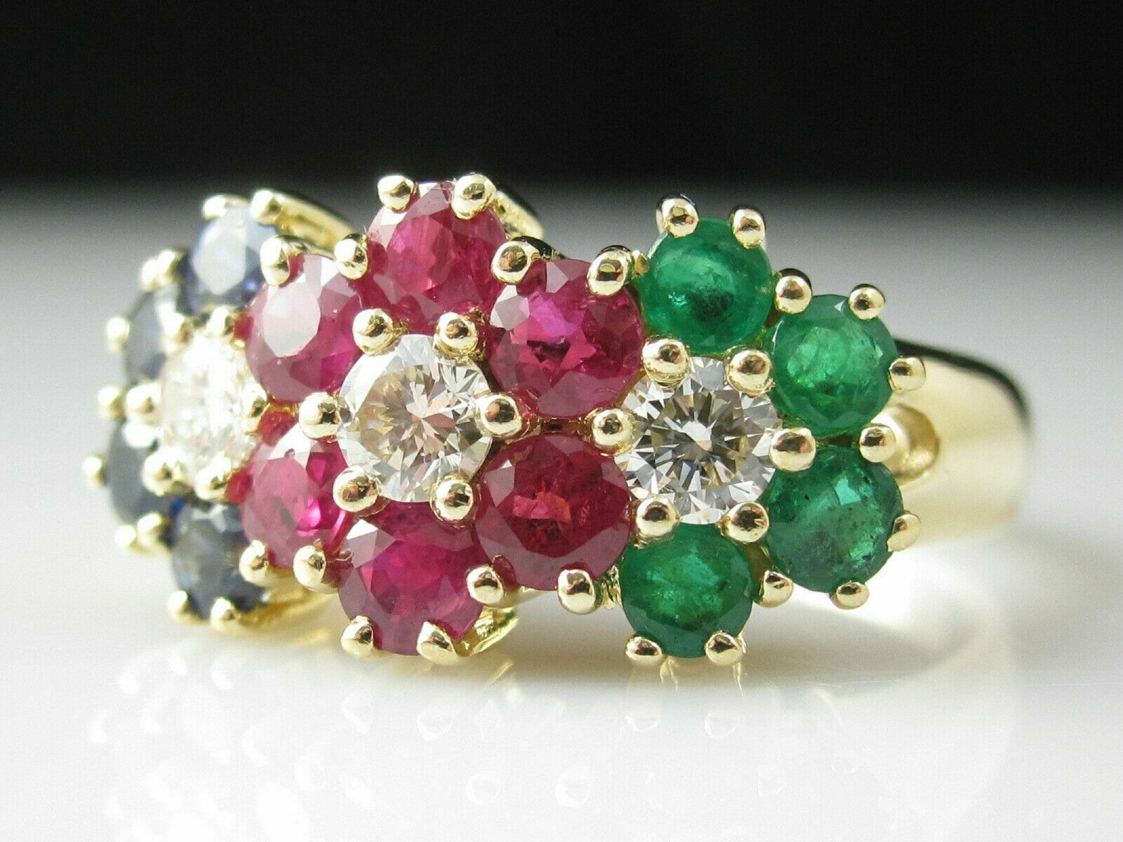 3ct Round Cut Ruby Emerald Sapphire Diamond Flower Cluster Ring 14K ...