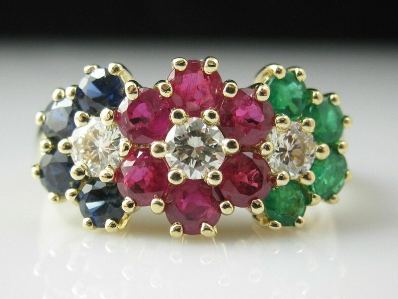 3ct Round Cut Ruby Emerald Sapphire Diamond Flower Cluster Ring 14K ...