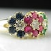 3ct Round Cut Ruby Emerald Sapphire Diamond Flower Cluster Ring 14K ...