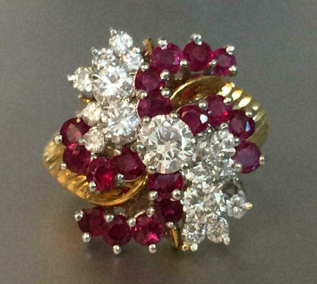 2.70ct Round Cut Diamond & Ruby Dinner Cocktail Ring 14k Yellow Gold ...