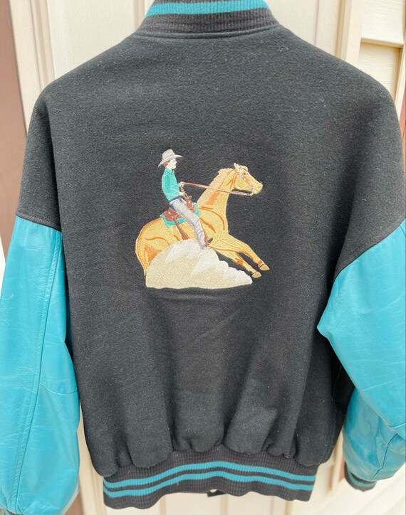 Vintage Leather Varsity Jacket with Cowboy Embroidery - Gem