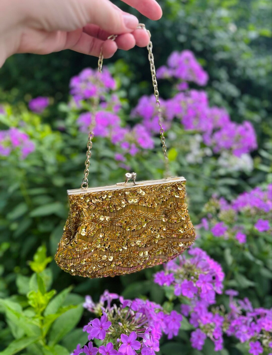 Vintage DU VAL Golden Beaded and Sequined Evening Bag, Handmade Hong ...