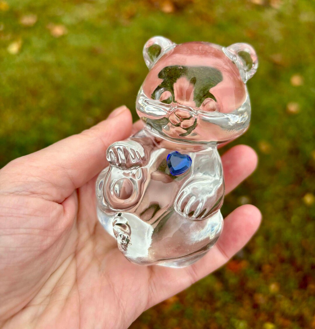 FENTON Clear Glass September Birthday Handmade Teddy Bear Figurine ...