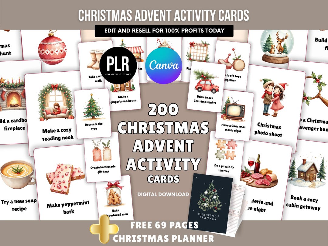 200 Christmas Advent Activity Cards PLR Kit | Editable Canva Templates ...