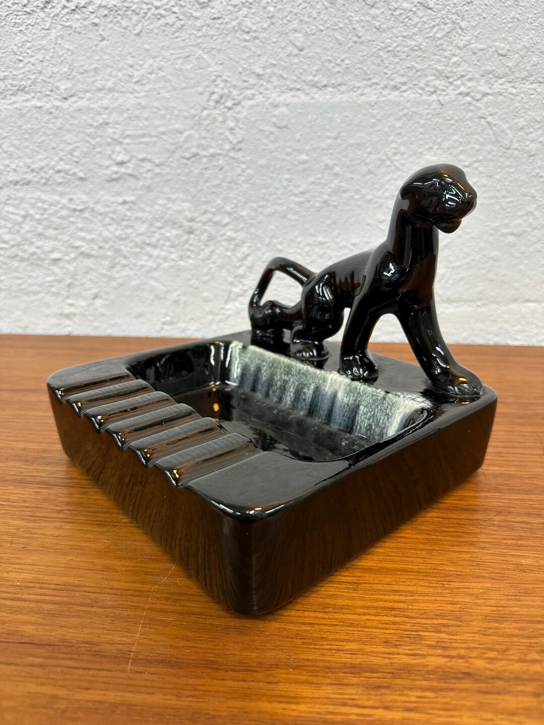 Mid Century Panther Ashtray by Phil-mar Corp. Black and Grey Glaze ...