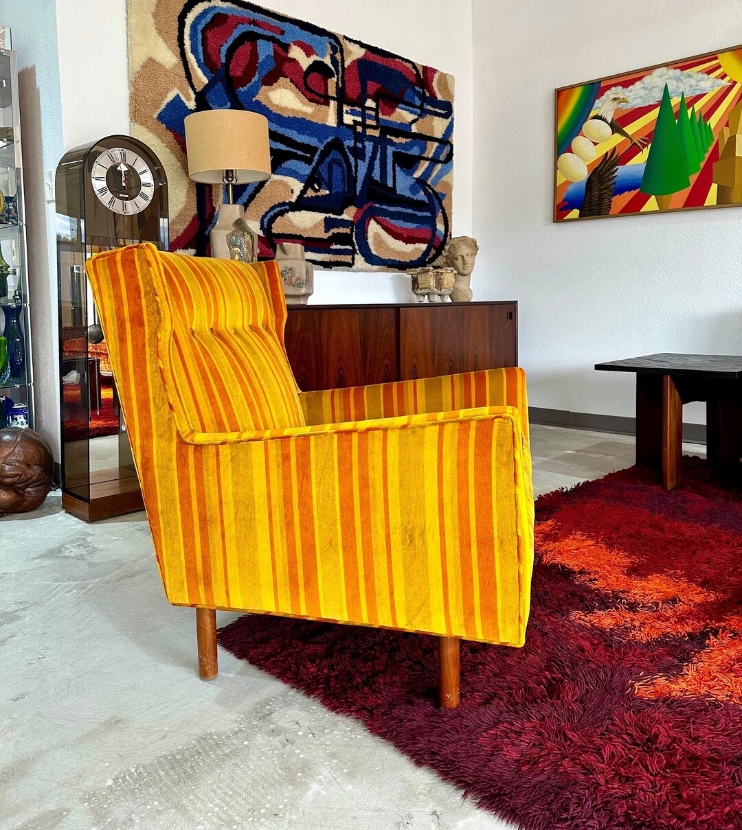 Mid Century Modern Striped Velvet Wingback Lounge Chair Shipping Not ...