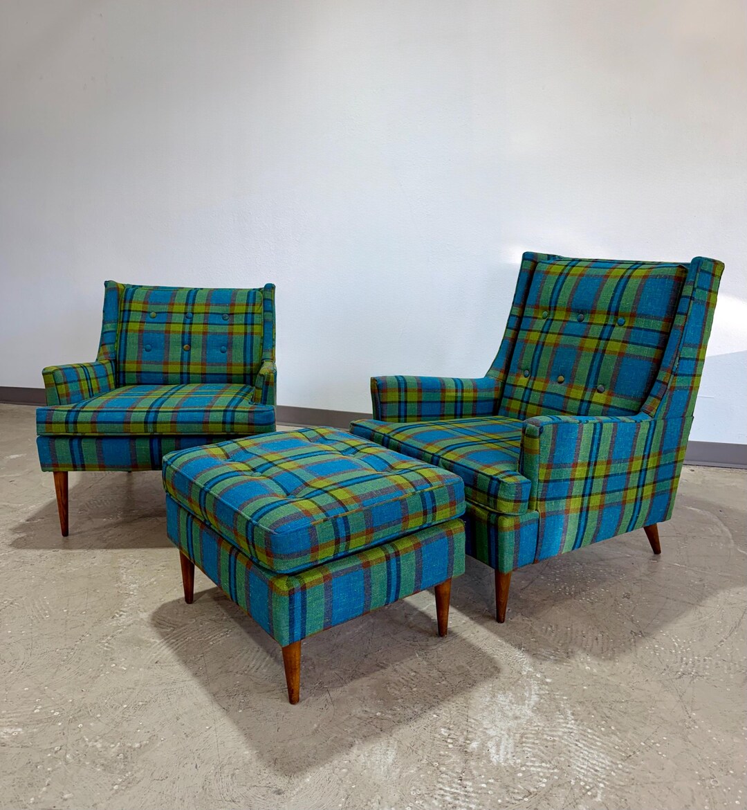 Mid Century Modern Plaid Lounge Chair Pair With Ottoman -shipping Not ...