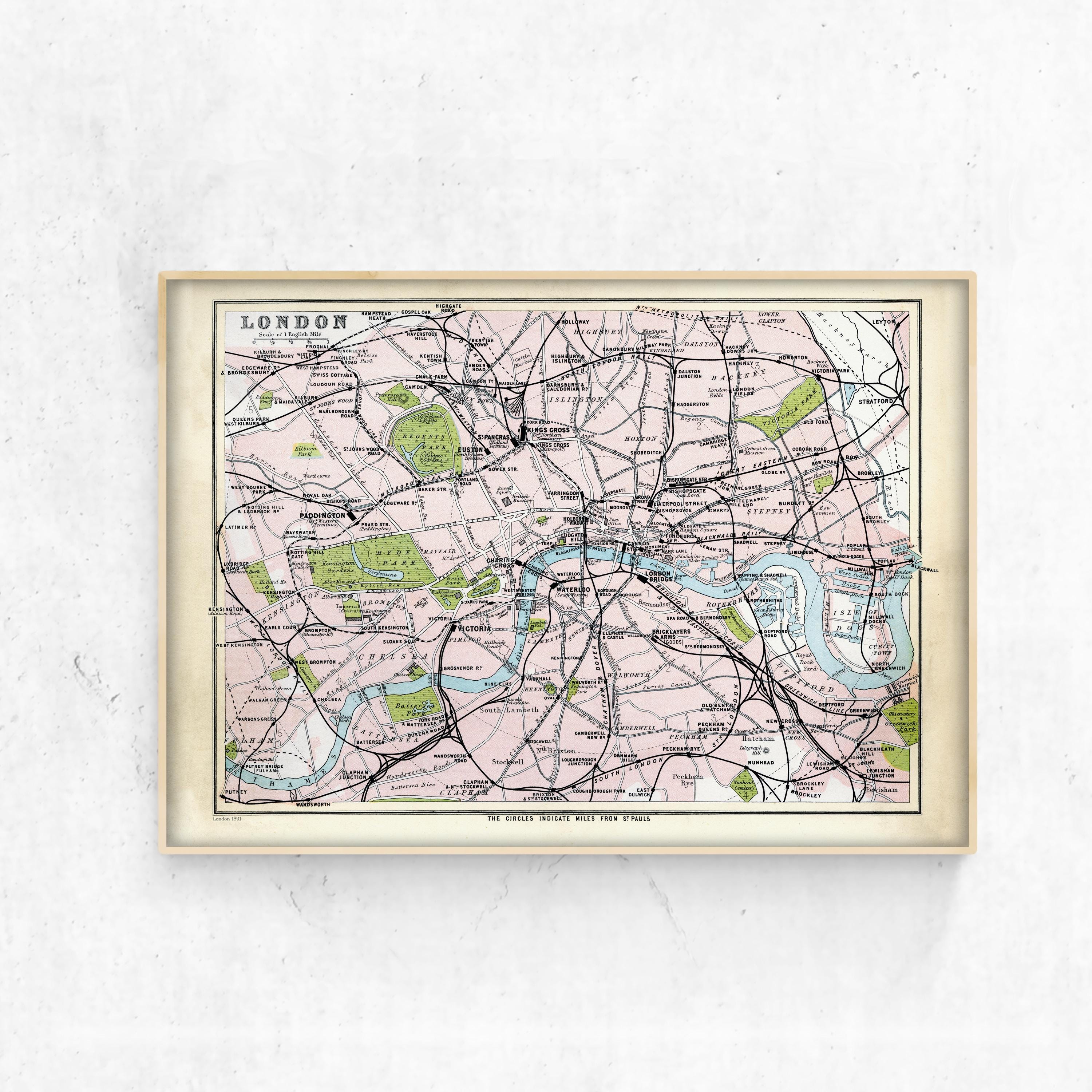 1891 London Map With St Paul’s Centre & Mile Markers - A4 Size Print - Etsy
