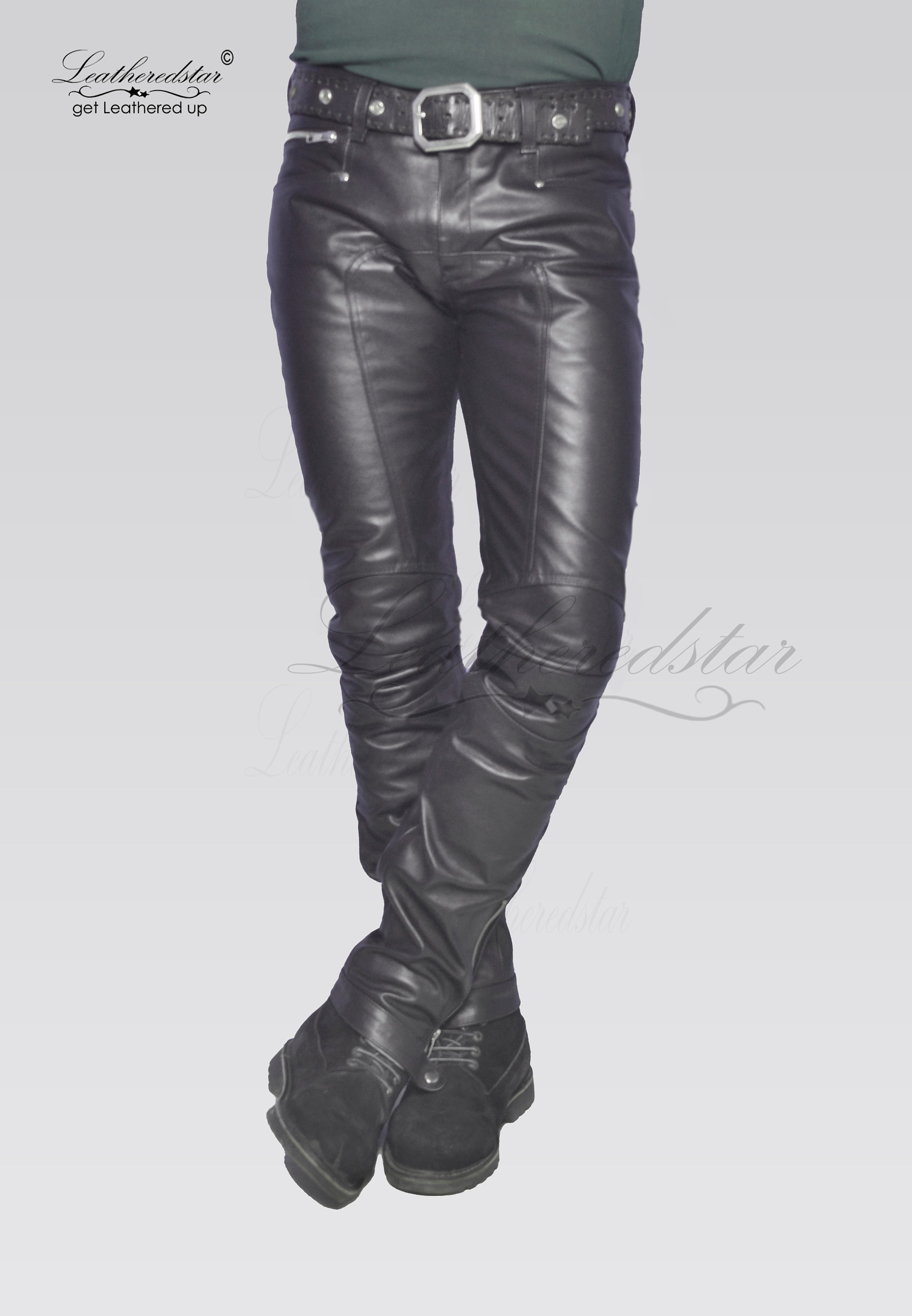Leather Jeans Leder Pant With Rivets, Knee Detail, Round Cut Panel ...