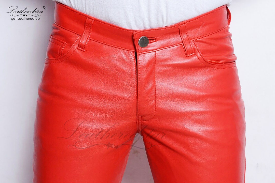 Red Leather Skinny Pipes Drainpipe Skintight Leather Jeans Pant, Goth ...