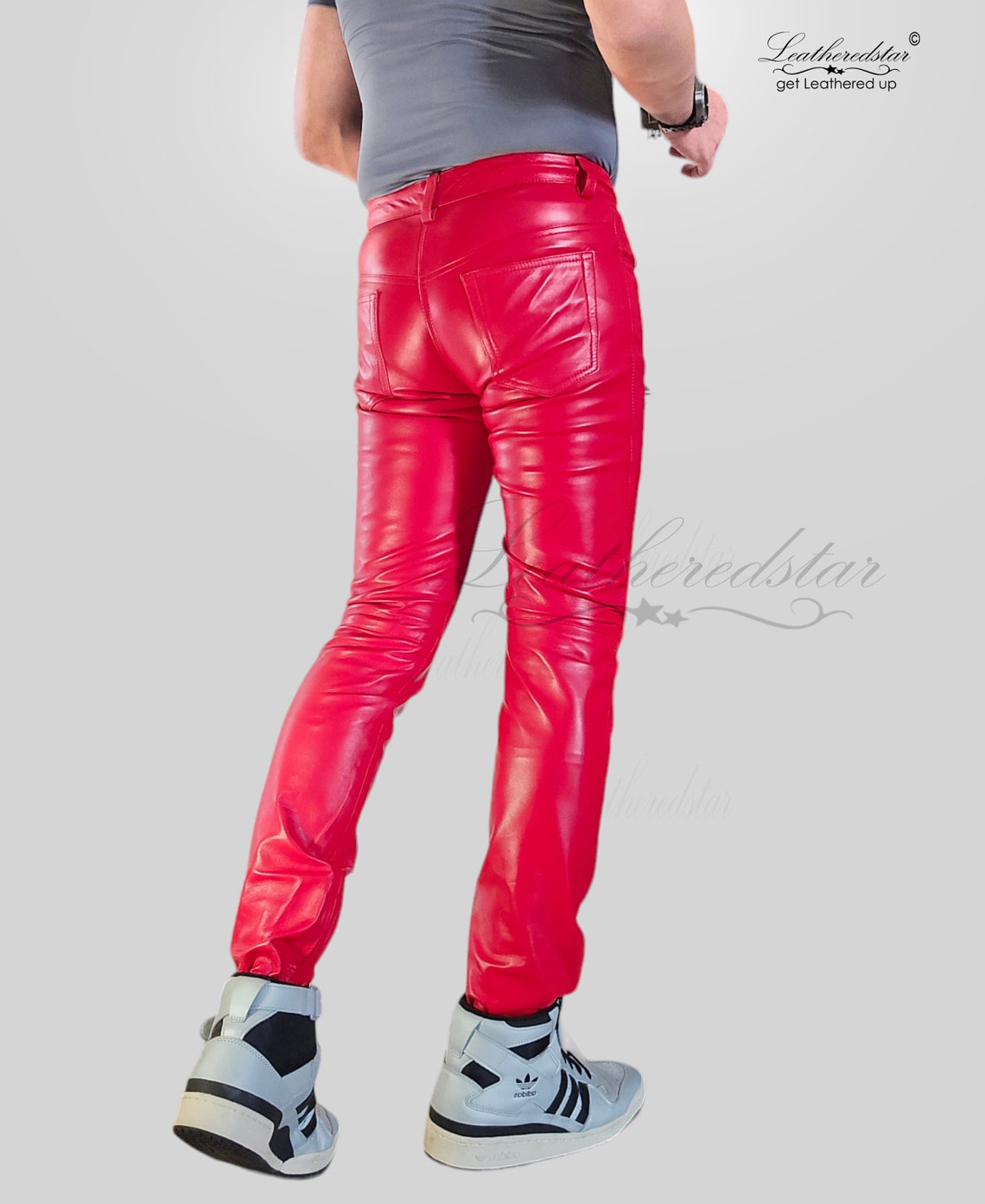 Red Leather Skinny Pipes Drainpipe Skintight Leather Jeans Pant, Street ...