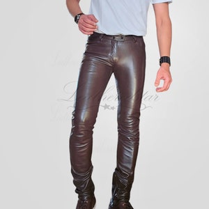 Dark Walnut Color Leather Skinny Skintight Leather Jeans, Pant ...