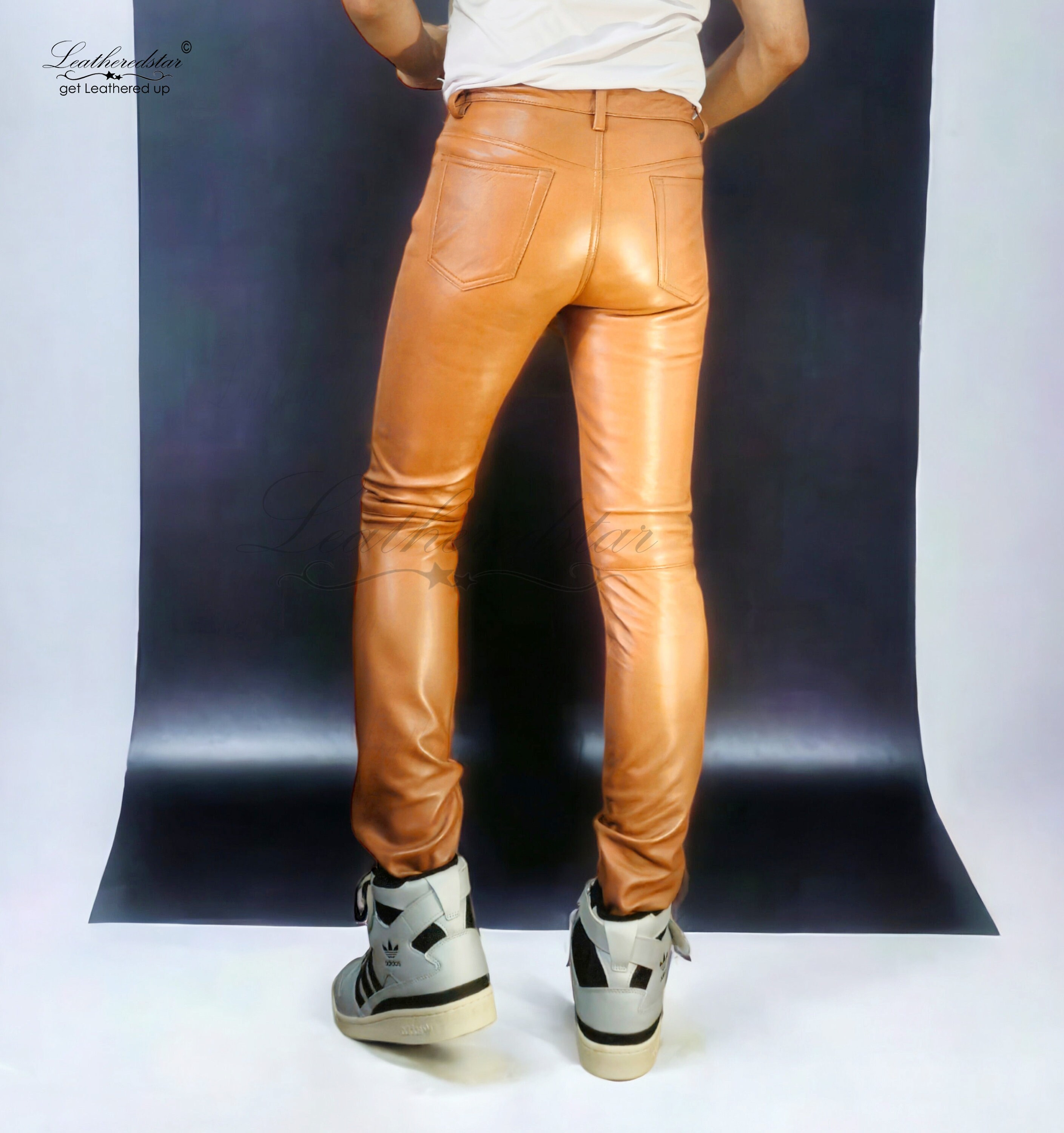 English Tan Color Leather Skinny Skintight Leather Jeans, Pant, Street ...