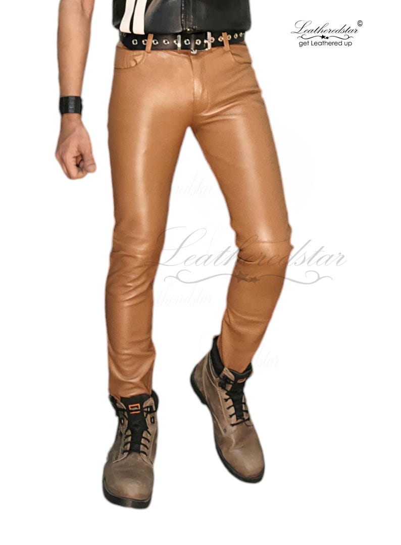 Camel Beige Color Leather Skinny Skintight Leather Jeans, Pant ...