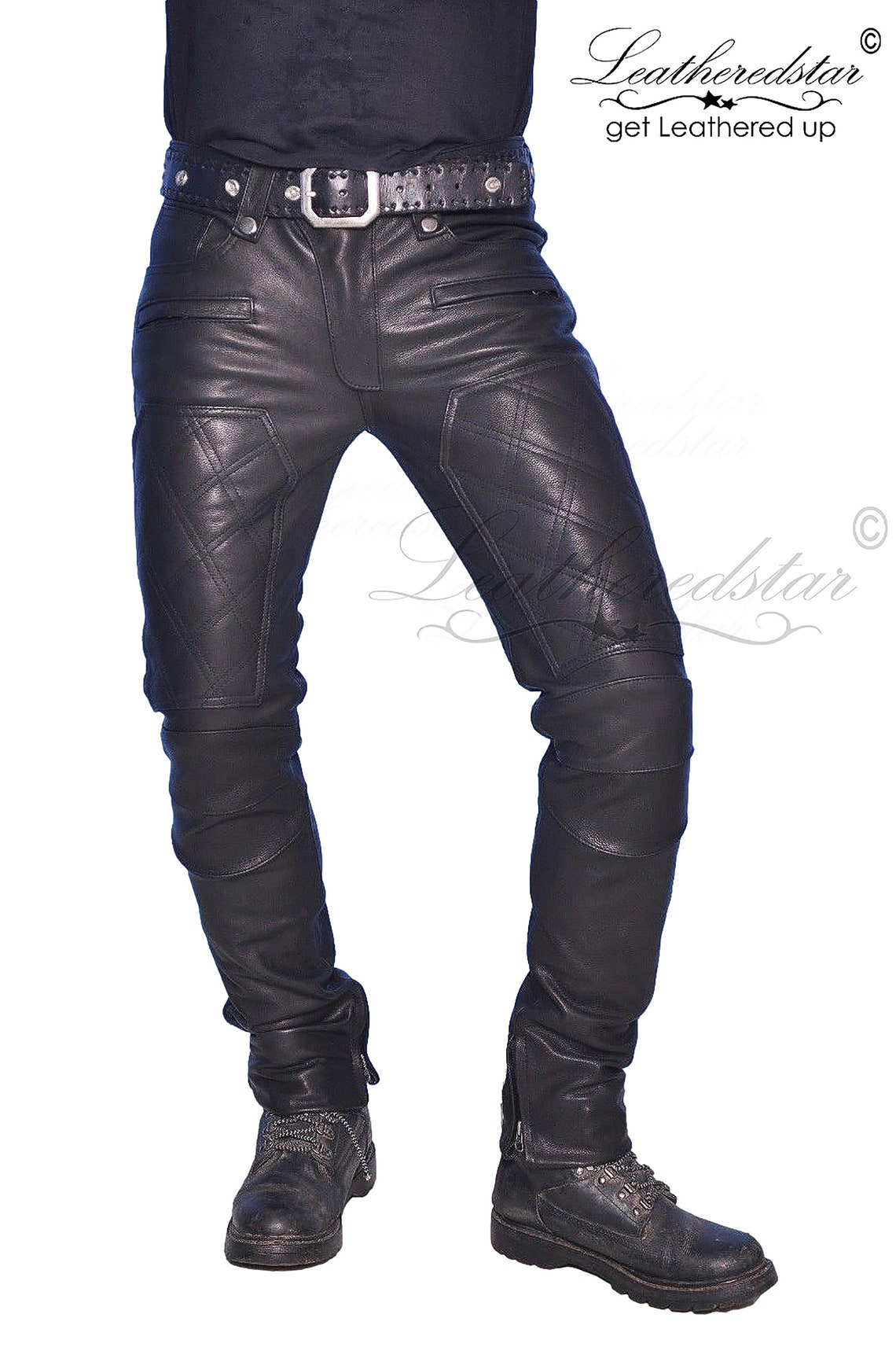 Leather Jeans Leder Pant With Quilted Panel, Knee Detail, Round Cut ...