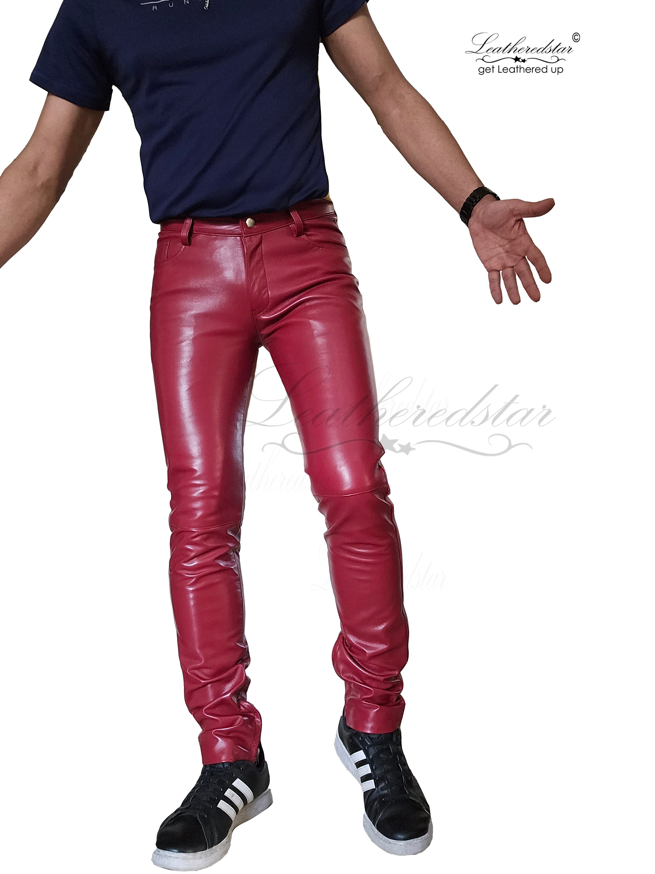 Dark RED, Cherry Color Leather Skinny Skintight Leather Jeans, Pant ...