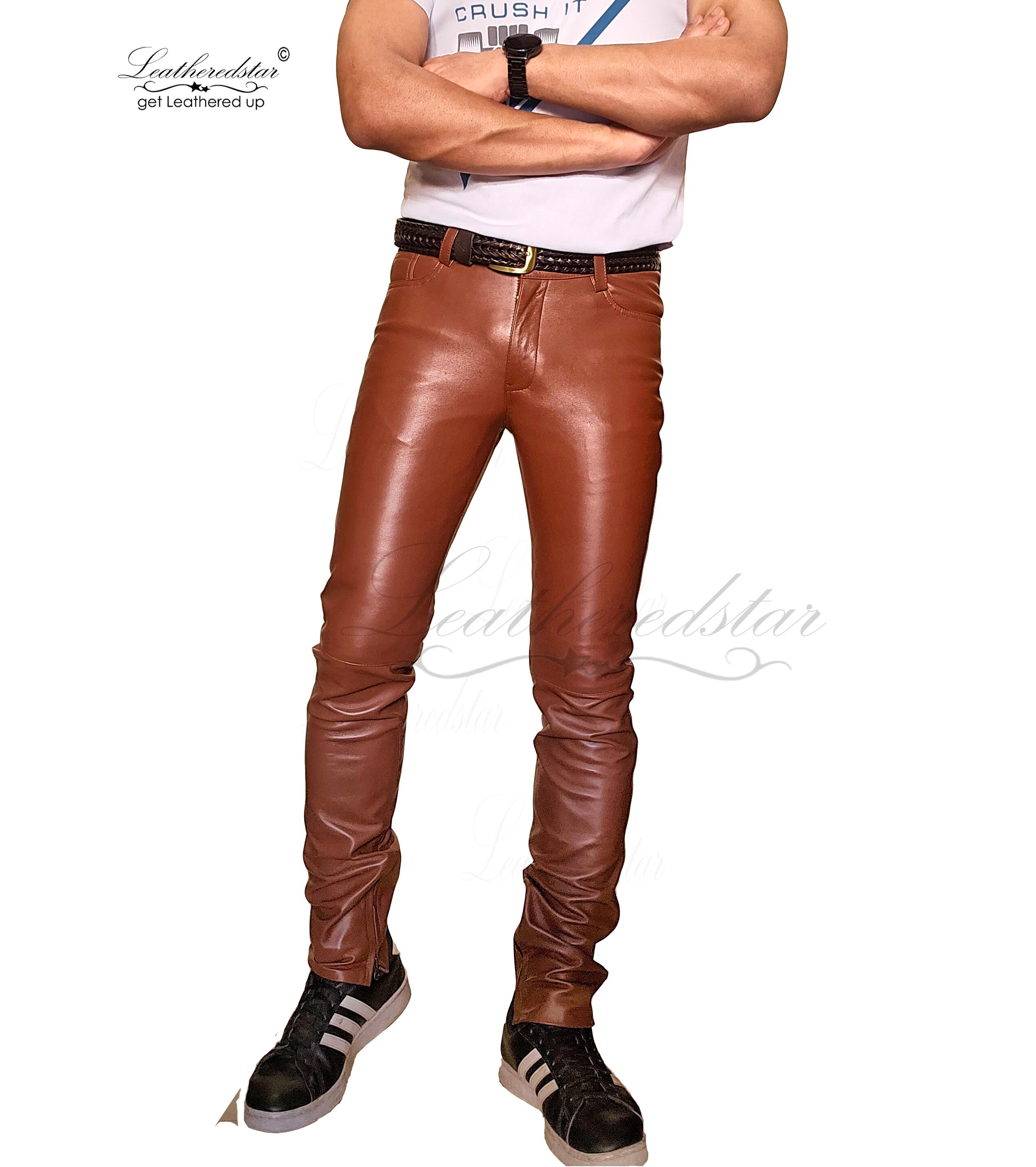 Basic TAN Color Leather Skinny Skintight Leather Jeans, Pant ...