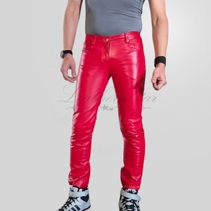Red Leather Skinny Pipes Drainpipe Skintight Leather Jeans Pant, Street ...
