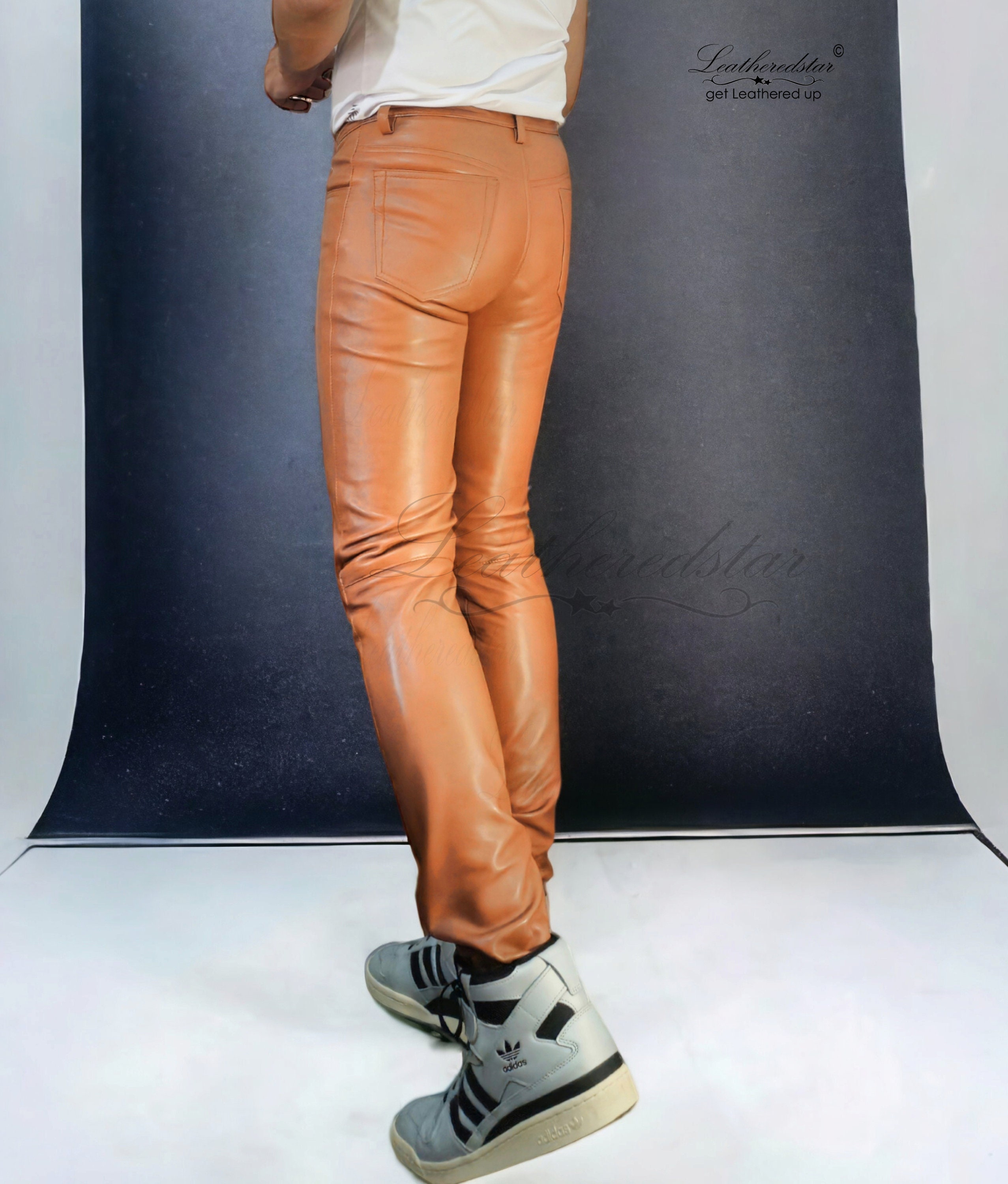 English Tan Color Leather Skinny Skintight Leather Jeans, Pant, Street ...