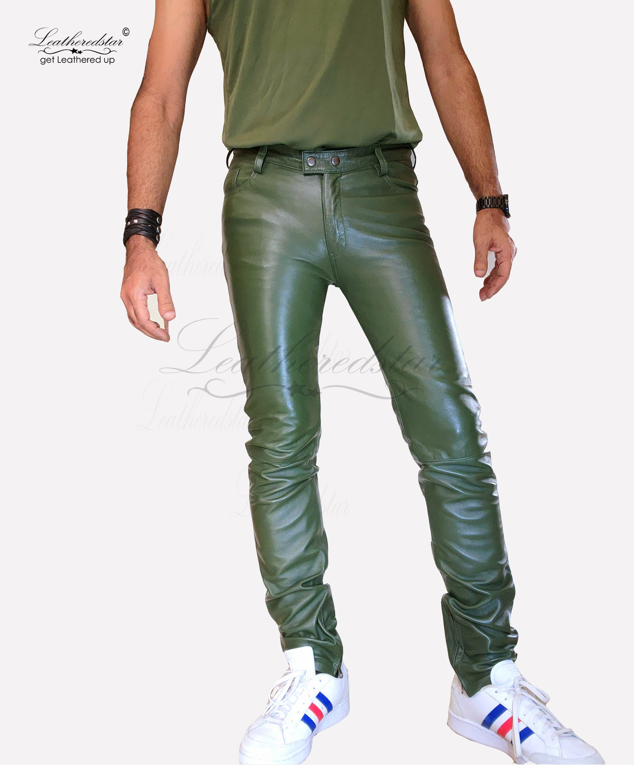 Forest Green Color Leather Skinny Skintight Leather Jeans, Pant, Street ...