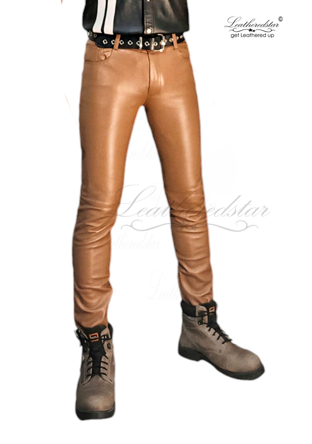 Camel Beige Color Leather Skinny Skintight Leather Jeans, Pant ...
