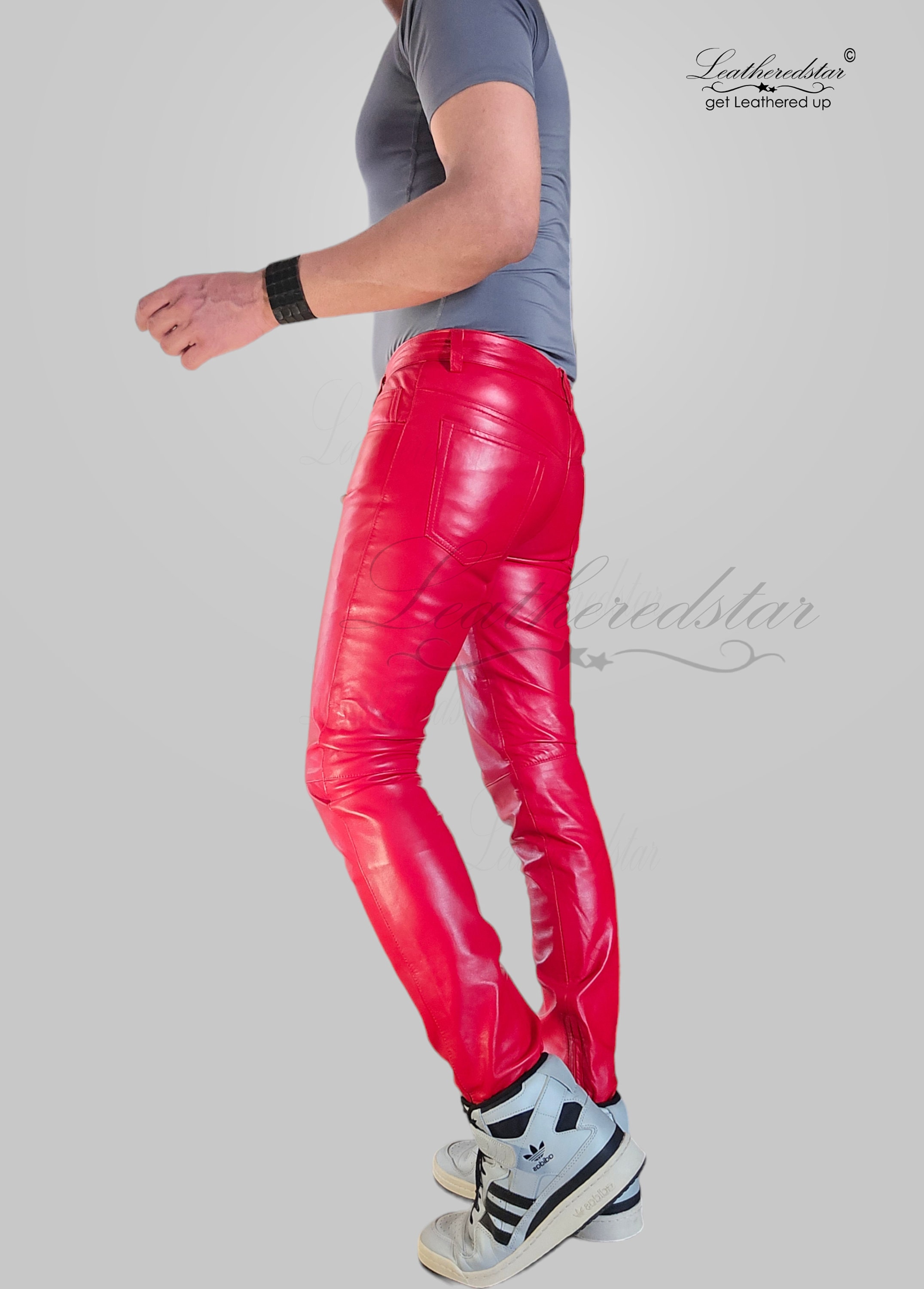Red Leather Skinny Pipes Drainpipe Skintight Leather Jeans Pant, Street ...