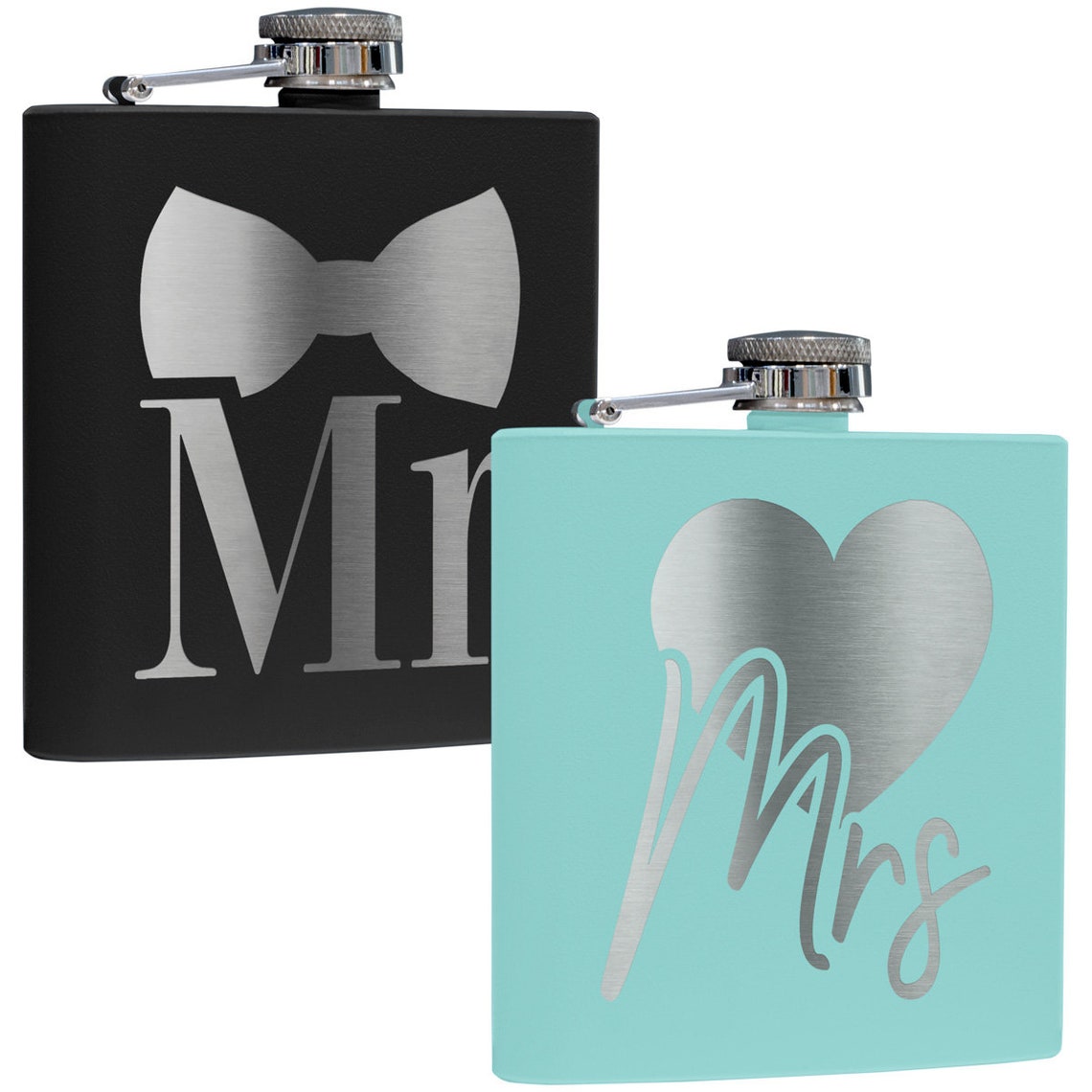 Mr and Mrs Teal and Black Powder Coated Flask Set for the | Etsy
