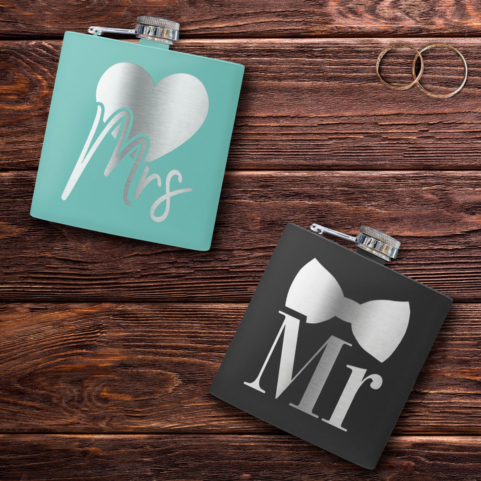 Mr and Mrs Teal and Black Powder Coated Flask Set for the - Etsy