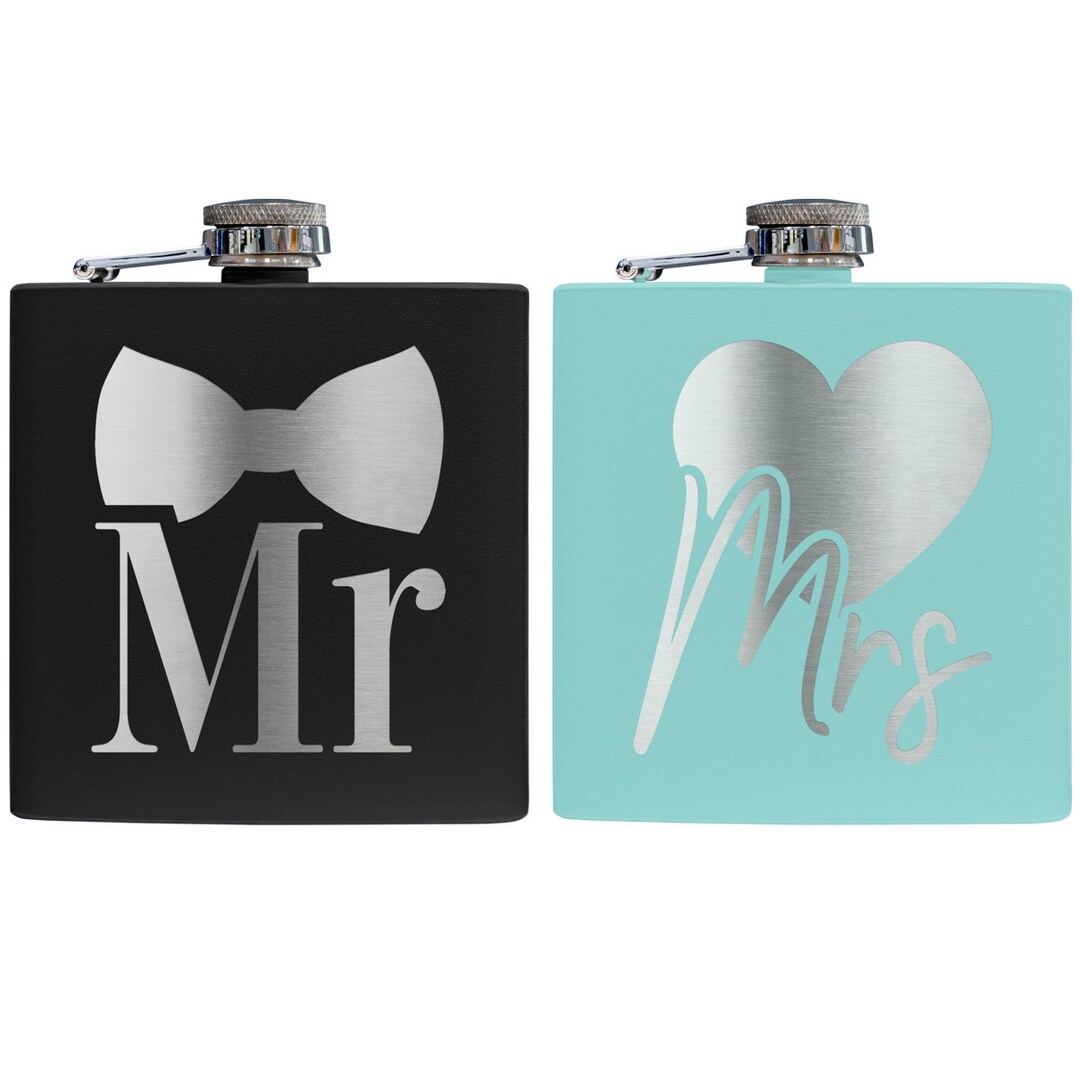Mr and Mrs Teal and Black Powder Coated Flask Set for the Bride and ...