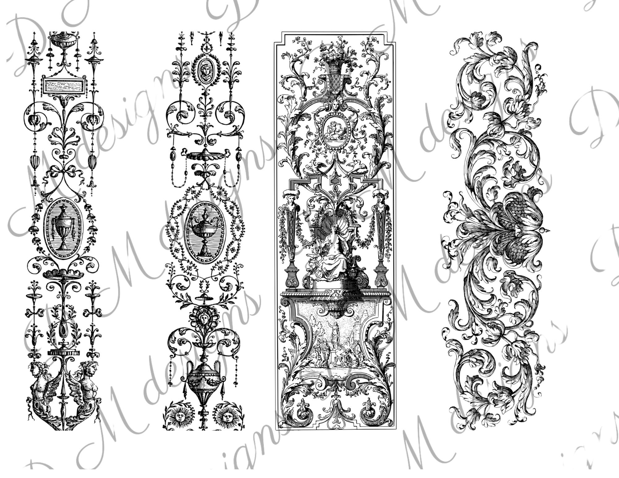 Baroque Bookmarks Digital Paper: Black & White Scrapbook Patterns ...