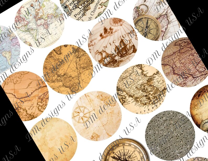 Junk Journal Printable 2 Inch Circle Map Papers, Vintage Paper Journal ...