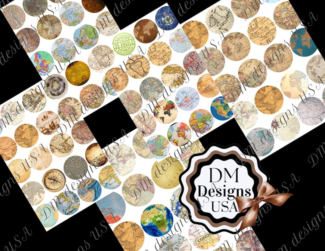 Junk Journal Printable 2 Inch Circle Map Papers, Vintage Paper Journal ...