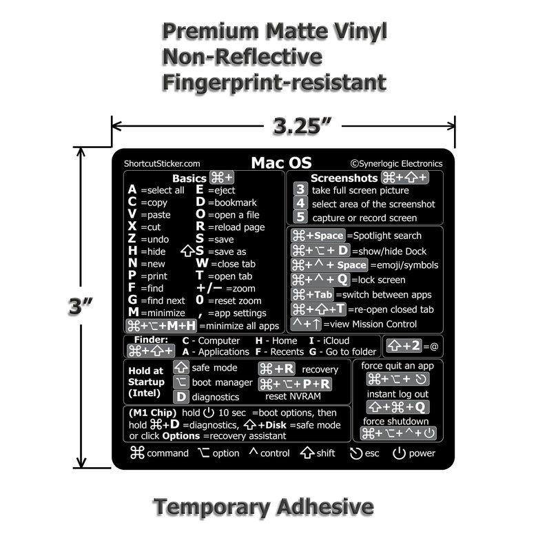 Mac OS Reference Keyboard Shortcut Sticker Laminated No-residue Vinyl ...