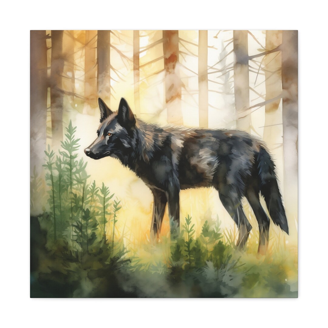 Lurking Whispers Black Wolf Canvas Gallery Wrap Watercolor Painting. - Etsy