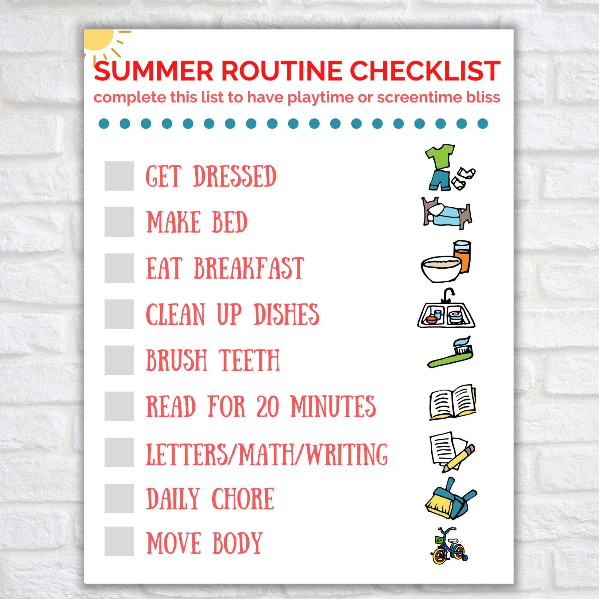 Summer Routine Checklist for Kids: Screen Time Rules (digital Download ...