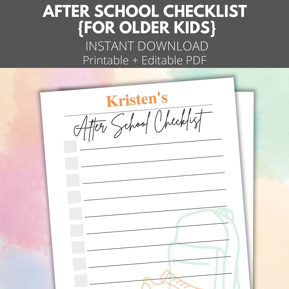 Printable and Editable After School Checklist for Older Kids, Teenager ...