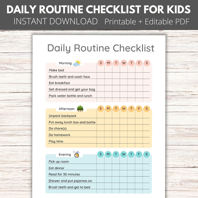 Editable Daily Routine Checklist for Older Kids Printable, Morning ...