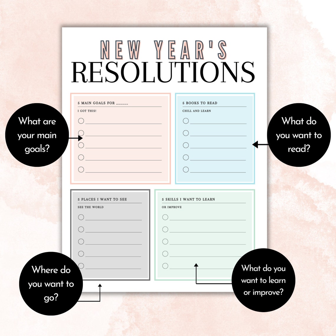 Printable Goals Worksheet, Printable New Years Resolution, Goals ...