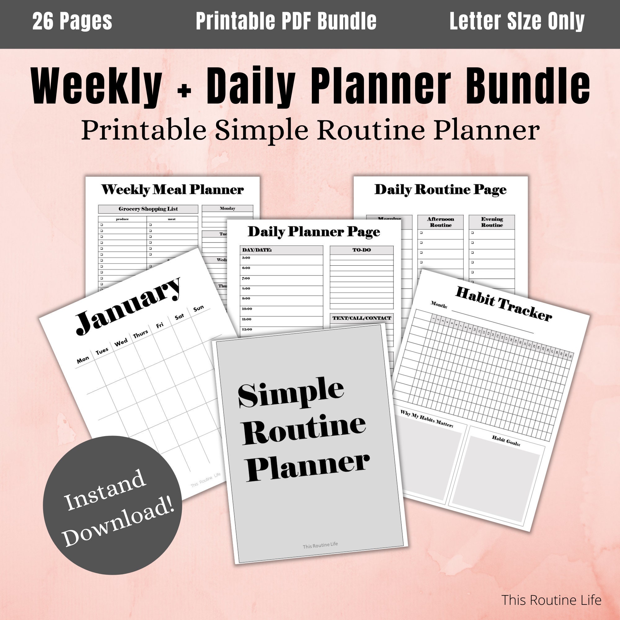 Simple Routine Printable Planner Bundle Letter Size Daily - Etsy