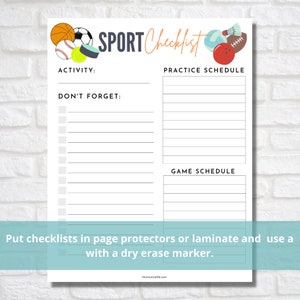 Sport Checklist for Kids, Athletic Checklist for Kids, Printable ...