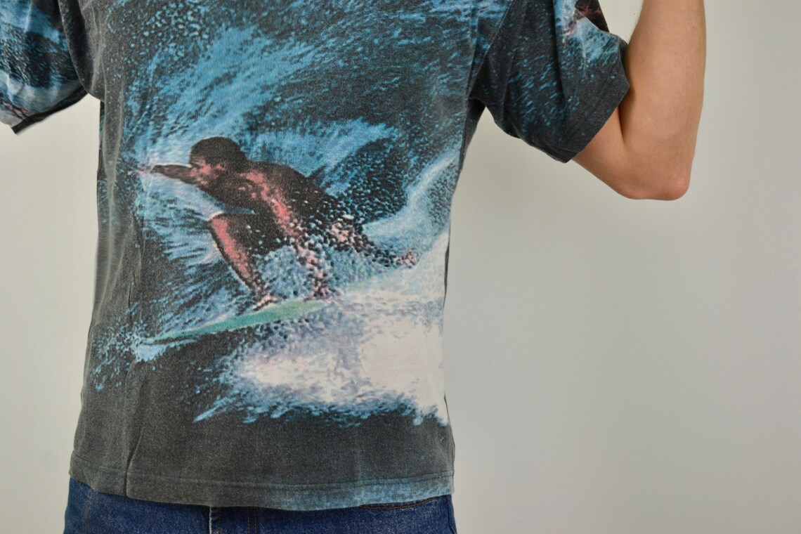90s vintage Surf shirt Size Medium vtg Full print blue tee | Etsy