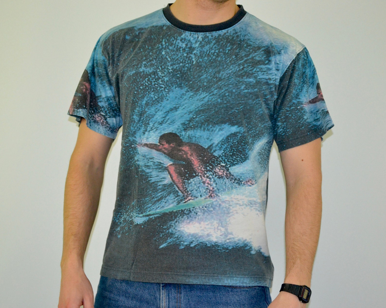 90s vintage Surf shirt Size Medium vtg Full print blue tee | Etsy