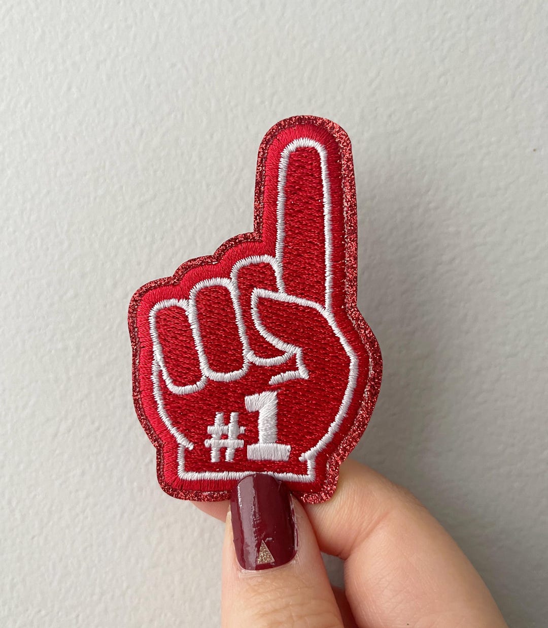 Game Day #1 Foam Finger Iron-on Patch – Sports Applique for Fans, Number One Patch for Jackets ...