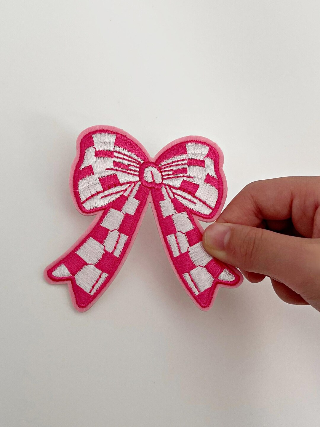 Pink Checkered Bow Iron-on Patch: Embroidered Applique (2.75") - Etsy