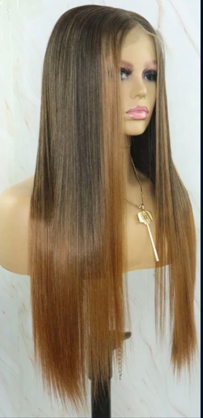 Premium Caramel Brown Highlights Lace Front Long Straight Layered Wig ...