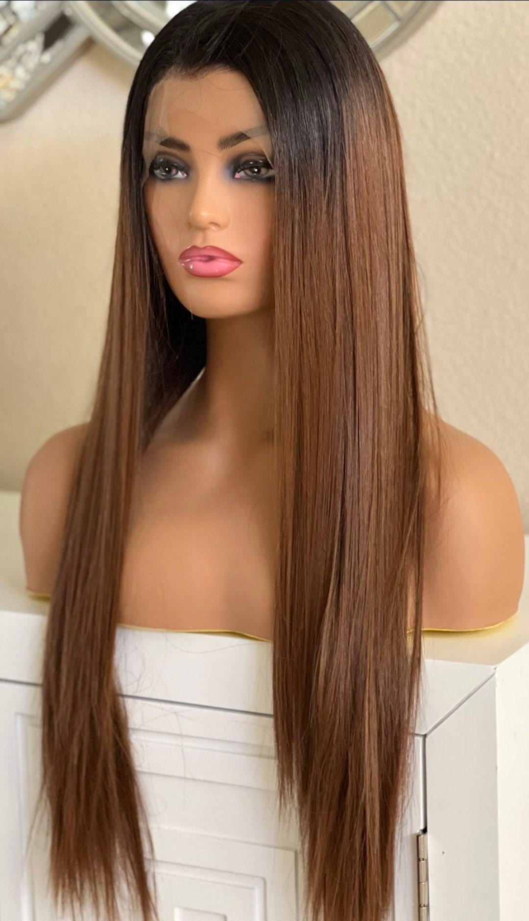 Chocolate Brown Highlight Wig: 28 Inch Layered Lace Front Wig - Etsy
