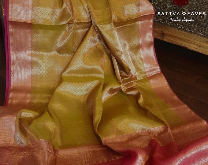 Golden Pure Silk Tissue Chanderi Handloom Saree Meenakari Silver Gold ...