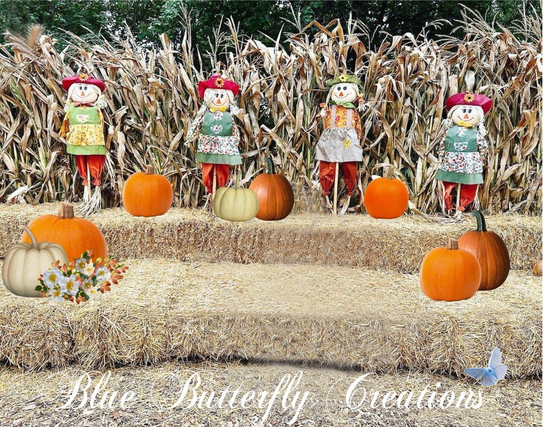Haystack Digital Fall Background, Pumpkin Photo Backdrop, Scarecrow ...